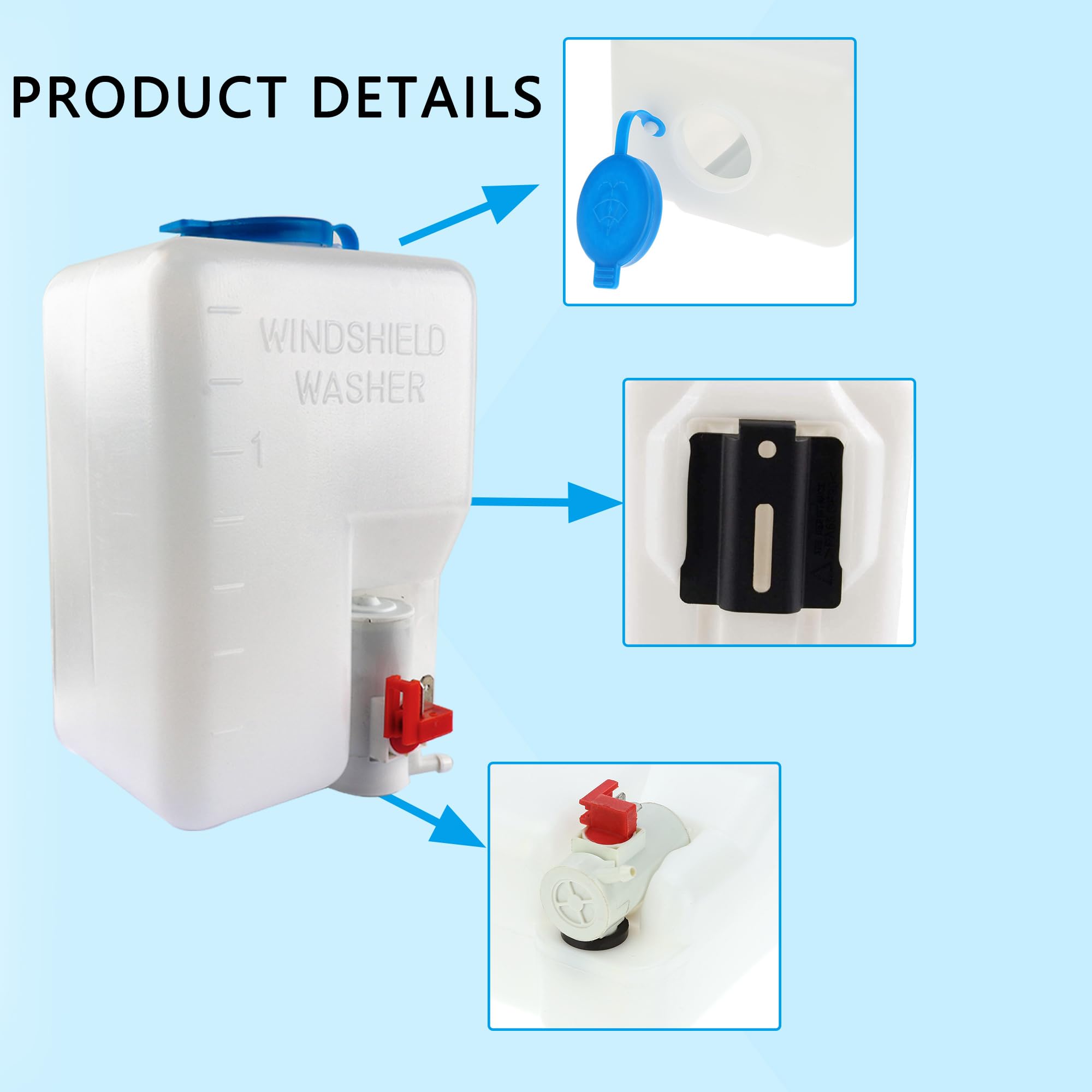 Universal Windshield Washer Reservoir Tank Kit,12V Windshield Washer Bottle with Wiper Pump,Washer Nozzle & Button Switch,OEM#160186 Washer Fluid Reservoir Kit Fit for Car UTV ATV Boat