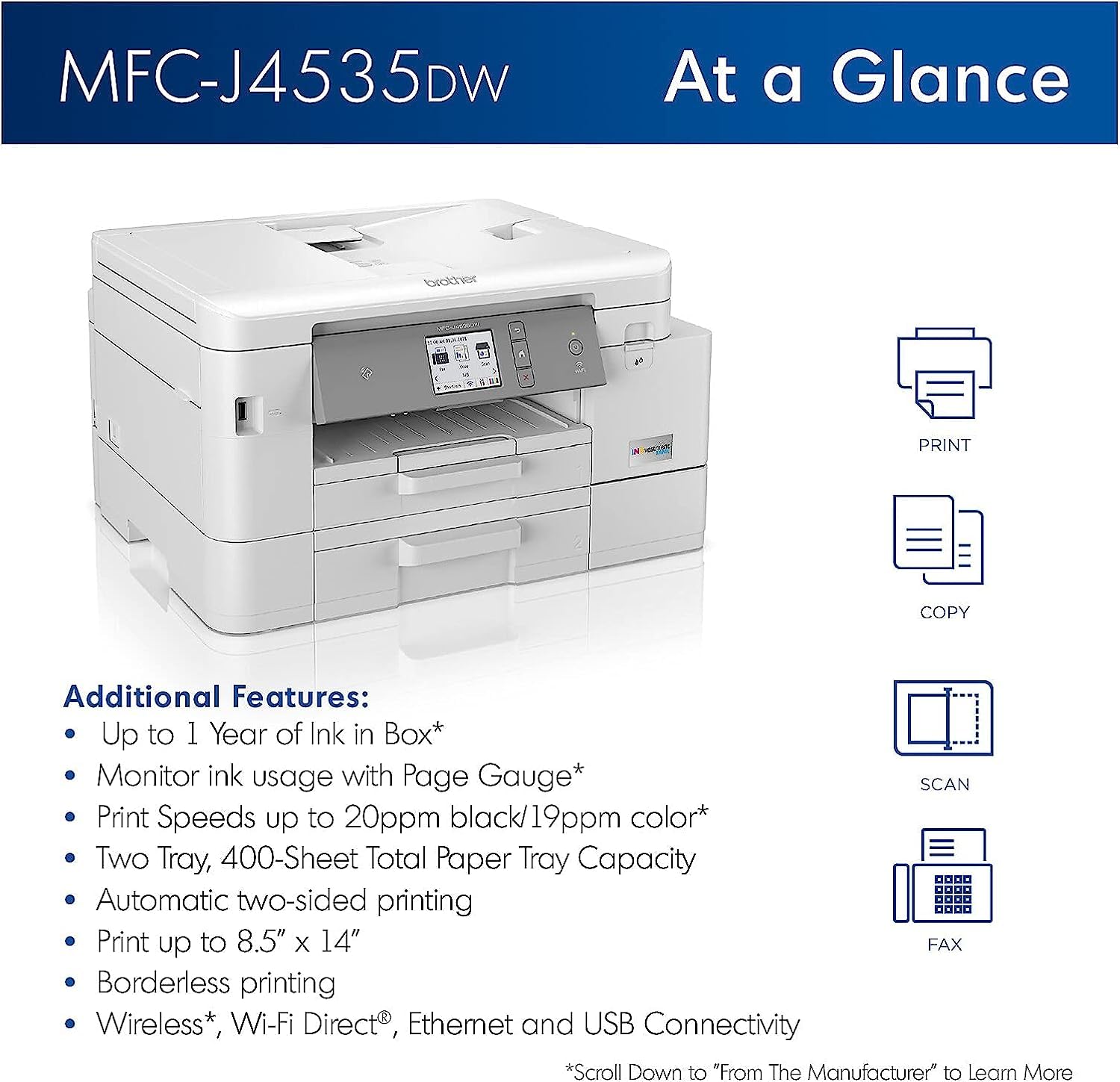 Brother MFC-J4535DW INKvestment Tank All-in-One Wireless Color Inkjet Printer - Print Copy Scan Fax - 20 ppm, 20-Sheet ADF, 2.7" Touchscreen Display, 4800 x 1200 dpi, Auto 2-Sided Printing, Tillsiy