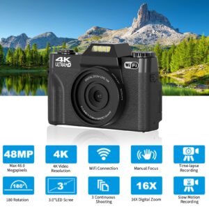 4K Vlogging Camera for YouTube 48MP Digital Camera for Photography 16X Digital Zoom Compact Camera with WiFi Wireless Microphone, Wide-Angle & Macro Lens 32GB TF Card and 2 Batteries (Black)