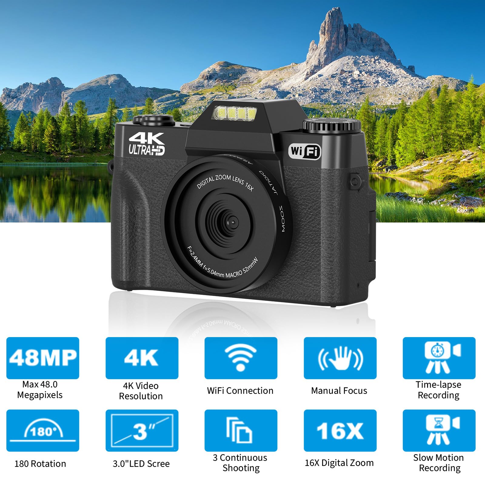 4K Vlogging Camera for YouTube 48MP Digital Camera for Photography 16X Digital Zoom Compact Camera with WiFi Wireless Microphone, Wide-Angle & Macro Lens 32GB TF Card and 2 Batteries (Black)