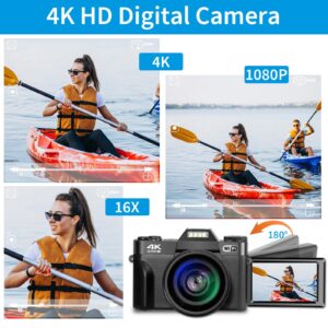 4K Vlogging Camera for YouTube 48MP Digital Camera for Photography 16X Digital Zoom Compact Camera with WiFi Wireless Microphone, Wide-Angle & Macro Lens 32GB TF Card and 2 Batteries (Black)