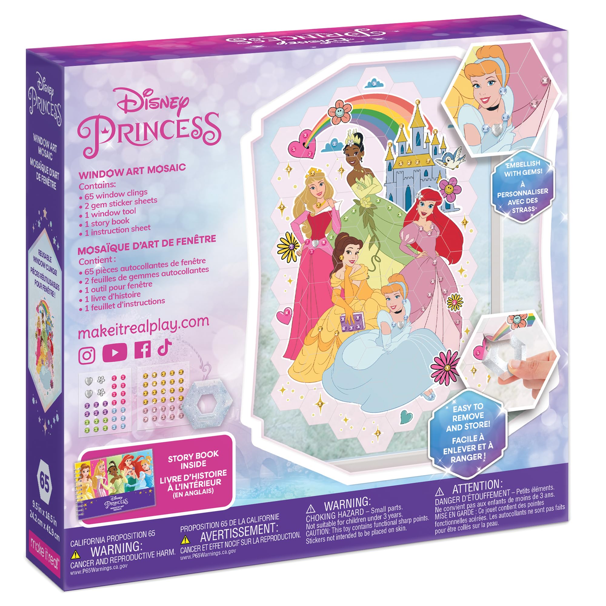 Make It Real Disney: Window Art Mosaic - Disney Princess - 70 pcs, Reusable Puzzle Window Clings, Creates a 9.5 x 16.5 Image, Kids Ages 6+