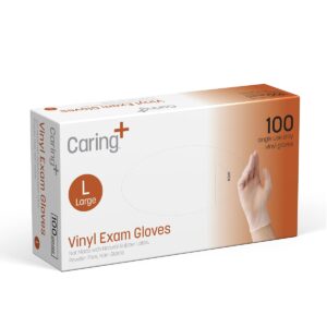 caring vinyl exam gloves (large, 100ct), powder free and not made with natural rubber latex, gloves for medical use, first aid, food prep and more