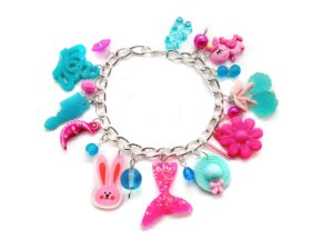 pink and blue chunky charm bracelet with kawaii charms, resin cabochon pendant chain, mermaid unicorn and fruit theme, adjustable