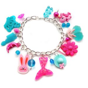 Pink and Blue Chunky Charm Bracelet with Kawaii Charms, Resin Cabochon Pendant Chain, Mermaid Unicorn and Fruit Theme, Adjustable