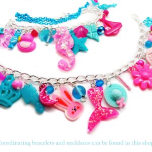 Pink and Blue Chunky Charm Bracelet with Kawaii Charms, Resin Cabochon Pendant Chain, Mermaid Unicorn and Fruit Theme, Adjustable