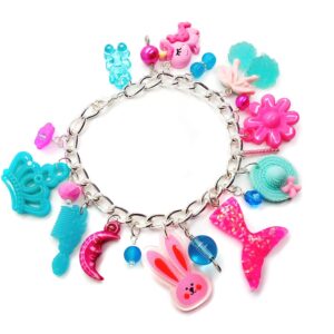 Pink and Blue Chunky Charm Bracelet with Kawaii Charms, Resin Cabochon Pendant Chain, Mermaid Unicorn and Fruit Theme, Adjustable