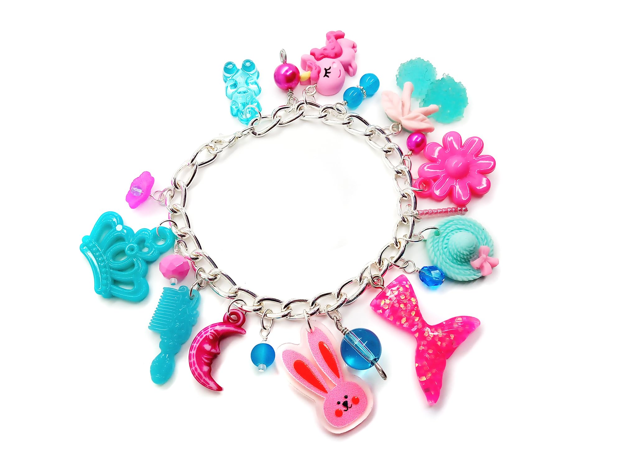 Pink and Blue Chunky Charm Bracelet with Kawaii Charms, Resin Cabochon Pendant Chain, Mermaid Unicorn and Fruit Theme, Adjustable