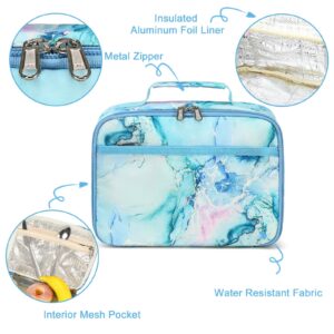 LEDAOU Lunch Bag Kids Insulated Lunch Box Girls Insulated Reusable Lunch Bag for School Picnic Hiking Work (Marble Blue)