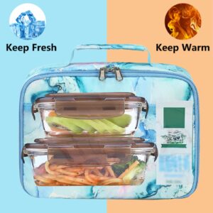 LEDAOU Lunch Bag Kids Insulated Lunch Box Girls Insulated Reusable Lunch Bag for School Picnic Hiking Work (Marble Blue)