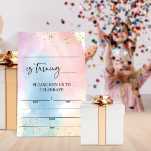 UDNADKEX Watercolor Birthday Invitations with Envelopes, Invites for Girls Birthday Party Watercolor, Colorful Birthday Party Invite Cards, 4"x6" Set of 20, Ombre Pastel