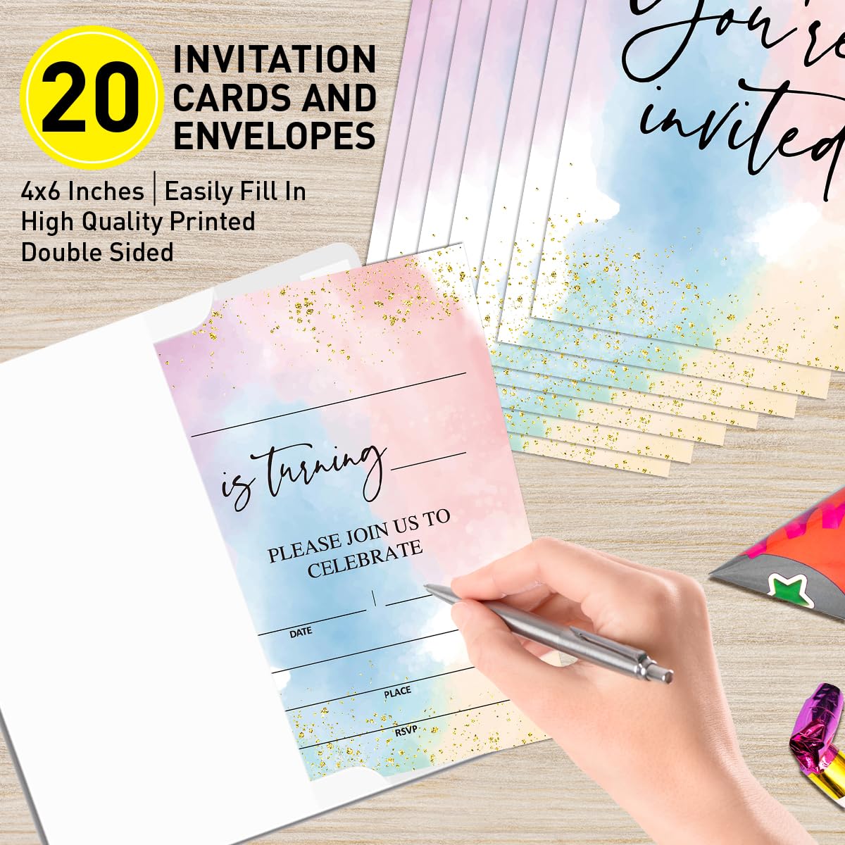 UDNADKEX Watercolor Birthday Invitations with Envelopes, Invites for Girls Birthday Party Watercolor, Colorful Birthday Party Invite Cards, 4"x6" Set of 20, Ombre Pastel