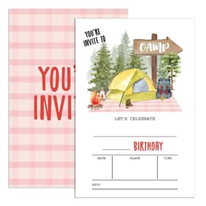 udnadkex camping birthday invitations girl with envelopes, invites for girls birthday party camp, camp out birthday party invitations cards, 4"x6" set of 20, yor're invited to camp