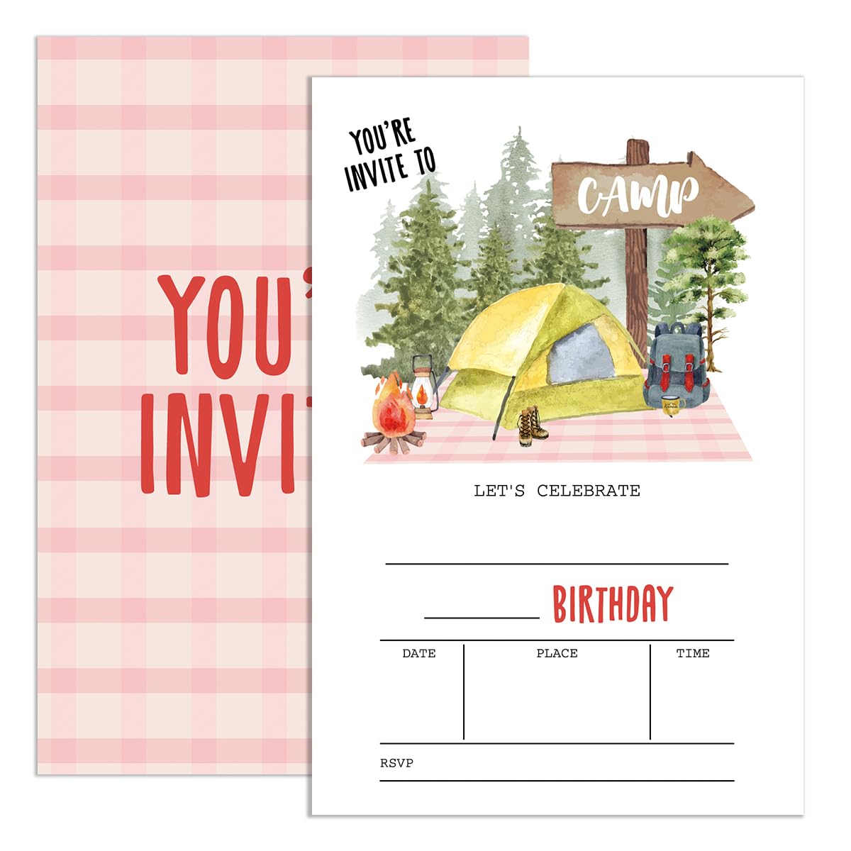 UDNADKEX Camping Birthday Invitations Girl with Envelopes, Invites for Girls Birthday Party Camp, Camp Out Birthday Party Invitations Cards, 4"x6" Set of 20, Yor're Invited to Camp