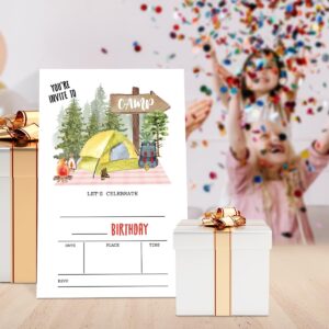 UDNADKEX Camping Birthday Invitations Girl with Envelopes, Invites for Girls Birthday Party Camp, Camp Out Birthday Party Invitations Cards, 4"x6" Set of 20, Yor're Invited to Camp