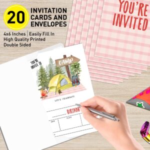 UDNADKEX Camping Birthday Invitations Girl with Envelopes, Invites for Girls Birthday Party Camp, Camp Out Birthday Party Invitations Cards, 4"x6" Set of 20, Yor're Invited to Camp