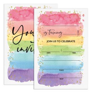 udnadkex rainbow birthday invitations with envelopes, invites for girls birthday party watercolor, colorful birthday party invite cards, 4"x6" set of 20, colorful rainbow girl's party