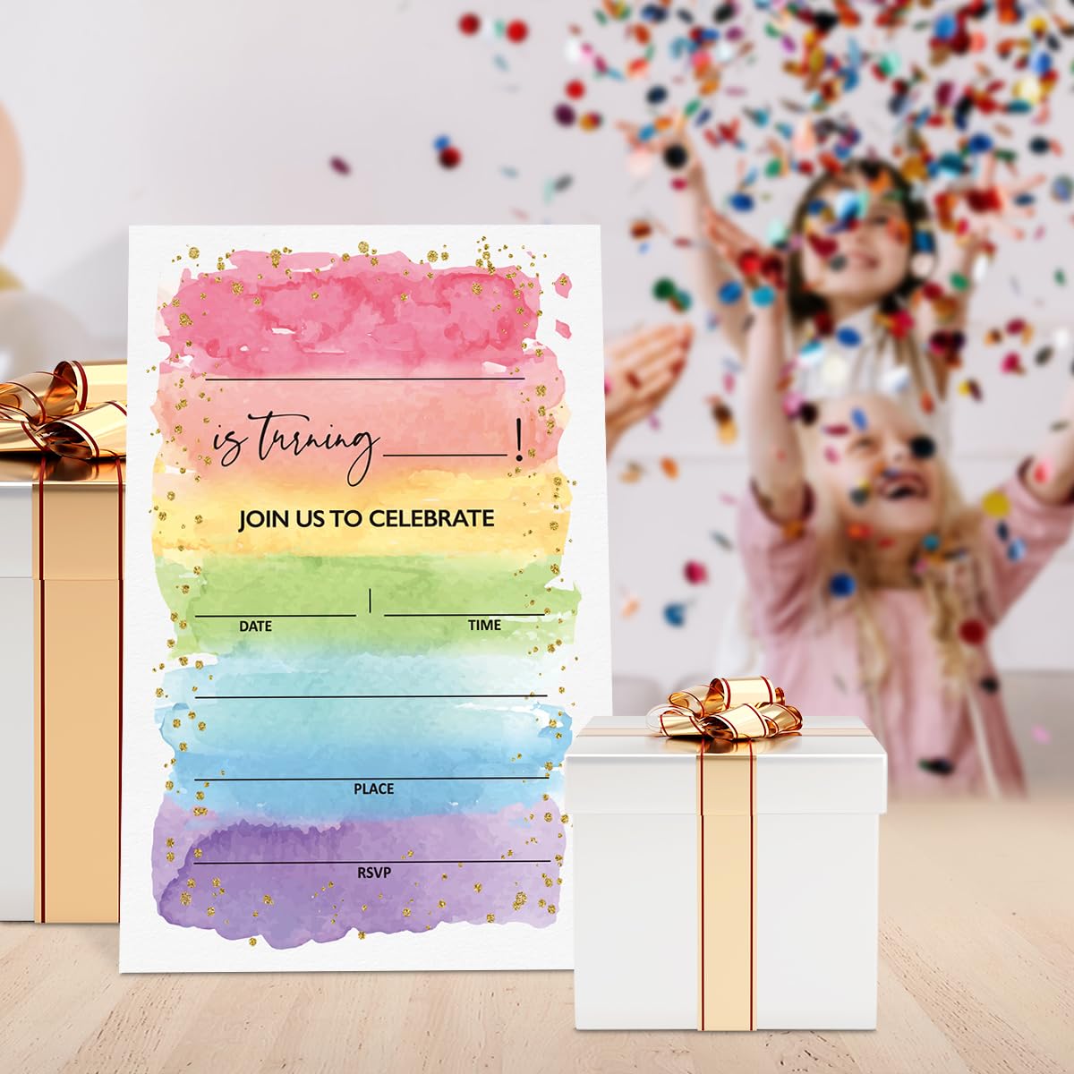 UDNADKEX Rainbow Birthday Invitations with Envelopes, Invites for Girls Birthday Party Watercolor, Colorful Birthday Party Invite Cards, 4"x6" Set of 20, Colorful Rainbow Girl's Party