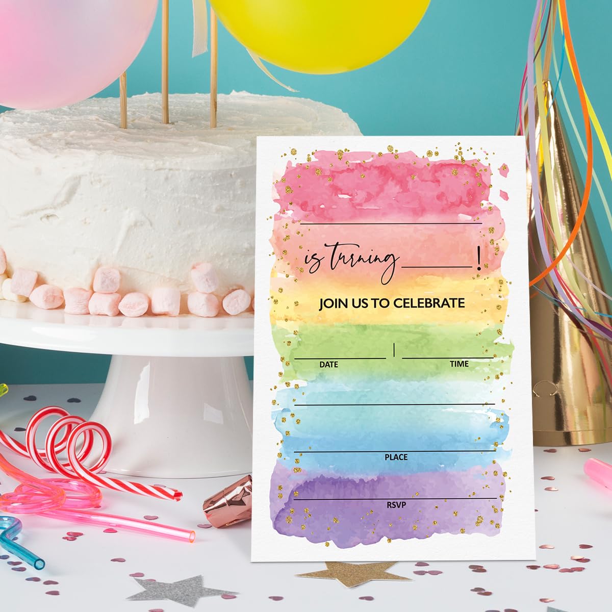 UDNADKEX Rainbow Birthday Invitations with Envelopes, Invites for Girls Birthday Party Watercolor, Colorful Birthday Party Invite Cards, 4"x6" Set of 20, Colorful Rainbow Girl's Party