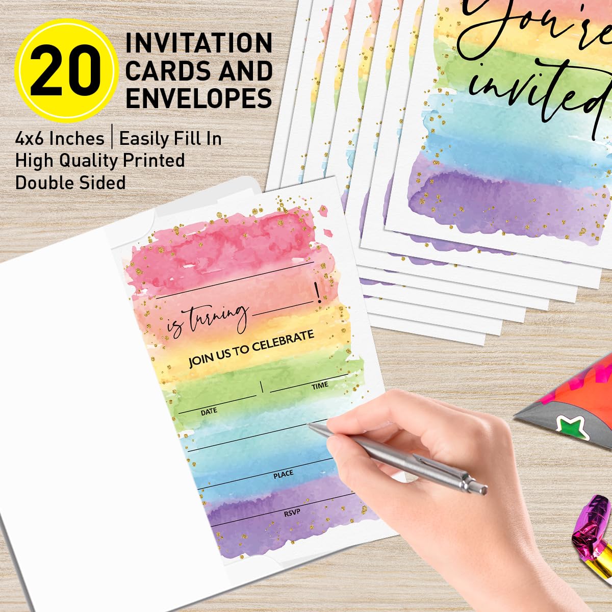 UDNADKEX Rainbow Birthday Invitations with Envelopes, Invites for Girls Birthday Party Watercolor, Colorful Birthday Party Invite Cards, 4"x6" Set of 20, Colorful Rainbow Girl's Party