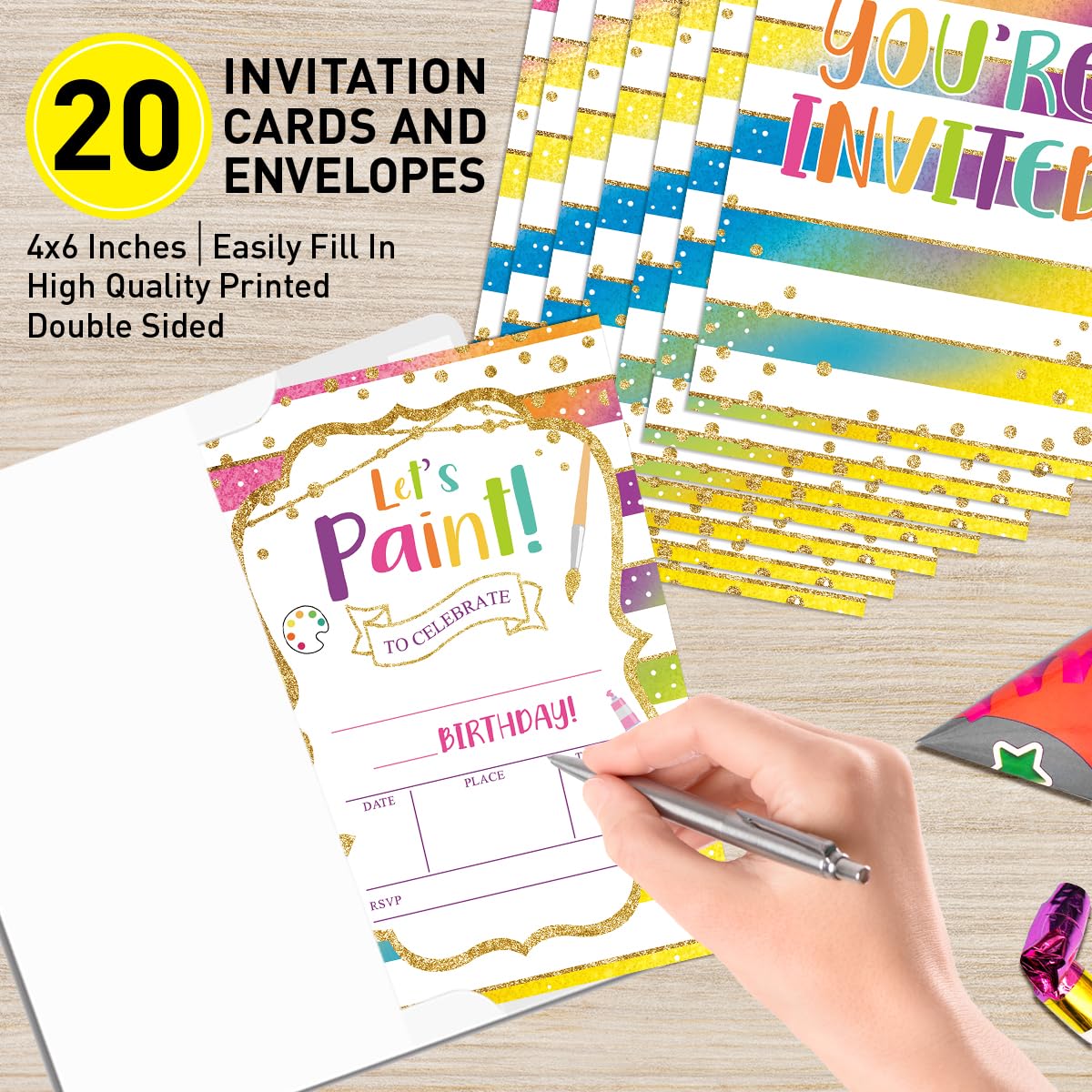 UDNADKEX Art Birthday Invitations Girl with Envelopes, Invites for Girls Birthday Party Art Painting, Paint Birthday Party Invitations Cards, 4"x6" Set of 20, Let's Paint