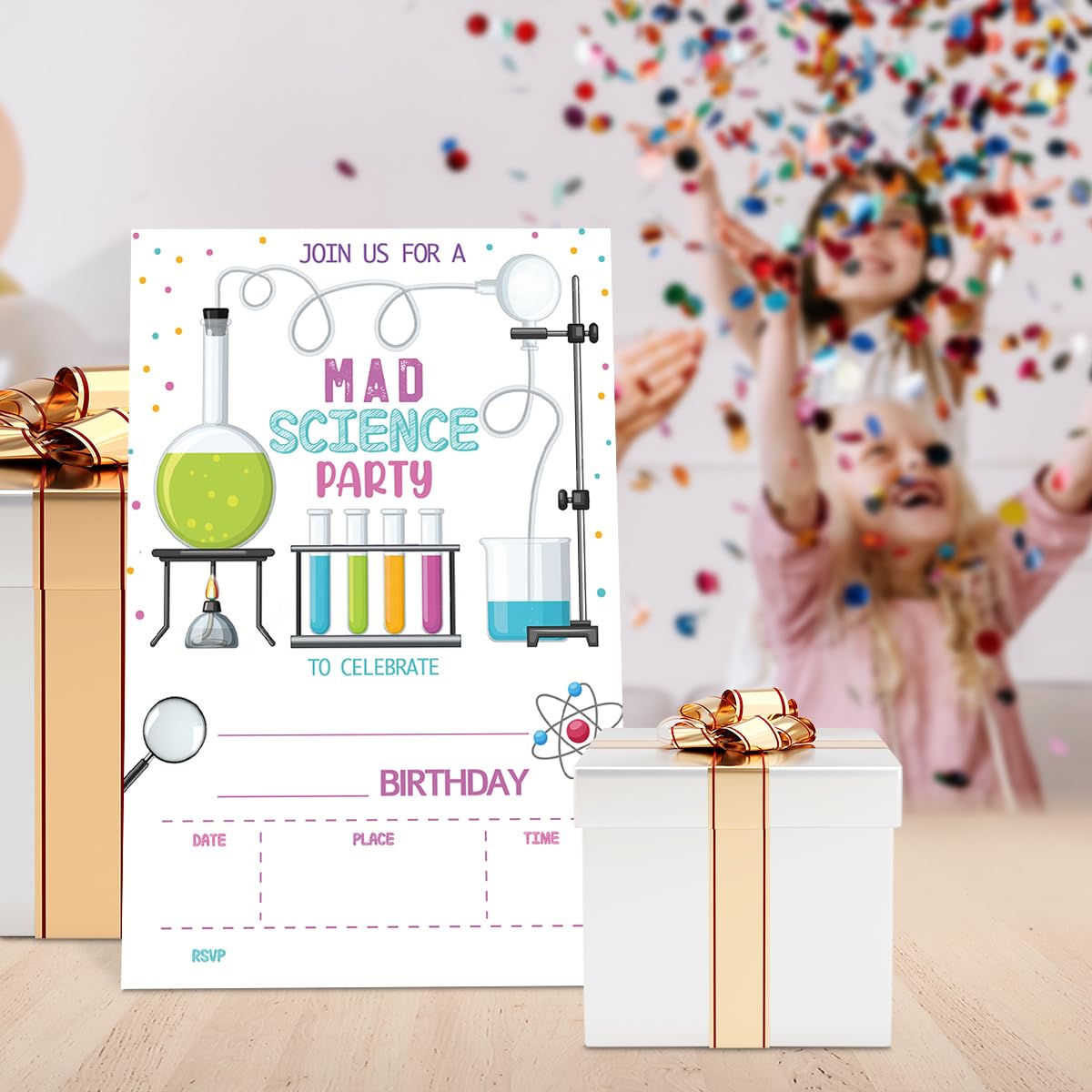 UDNADKEX Mad Science Birthday Invitations Girl with Envelopes, Invites for Girls Birthday Party Science, Science Birthday Party Invitations Cards, 4"x6" Set of 20, Mad Science Party