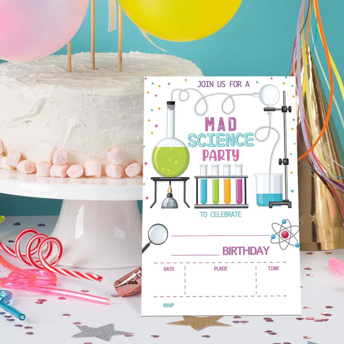 UDNADKEX Mad Science Birthday Invitations Girl with Envelopes, Invites for Girls Birthday Party Science, Science Birthday Party Invitations Cards, 4"x6" Set of 20, Mad Science Party