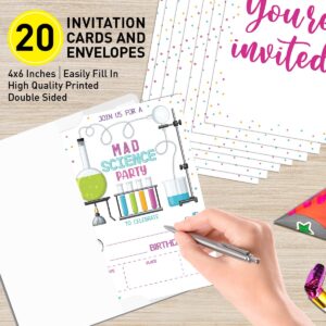 UDNADKEX Mad Science Birthday Invitations Girl with Envelopes, Invites for Girls Birthday Party Science, Science Birthday Party Invitations Cards, 4"x6" Set of 20, Mad Science Party