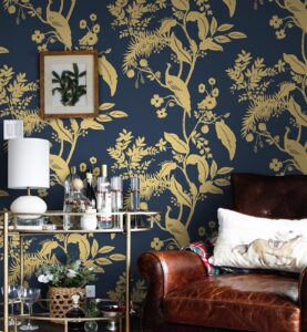 glorytik 17.3" x 78.7"blue and gold wallpaper vintage floral peel and stick wallpaper leaf/bird/flower contact paper self adhesive wallpaper removable boho wallpaper for walls furniture covering