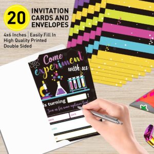 UDNADKEX Science Birthday Invitations Girl with Envelopes, Invites for Girls Birthday Party Science, Mad Science Birthday Party Invitations Cards, 4"x6" Set of 20, Some Explosive Fun