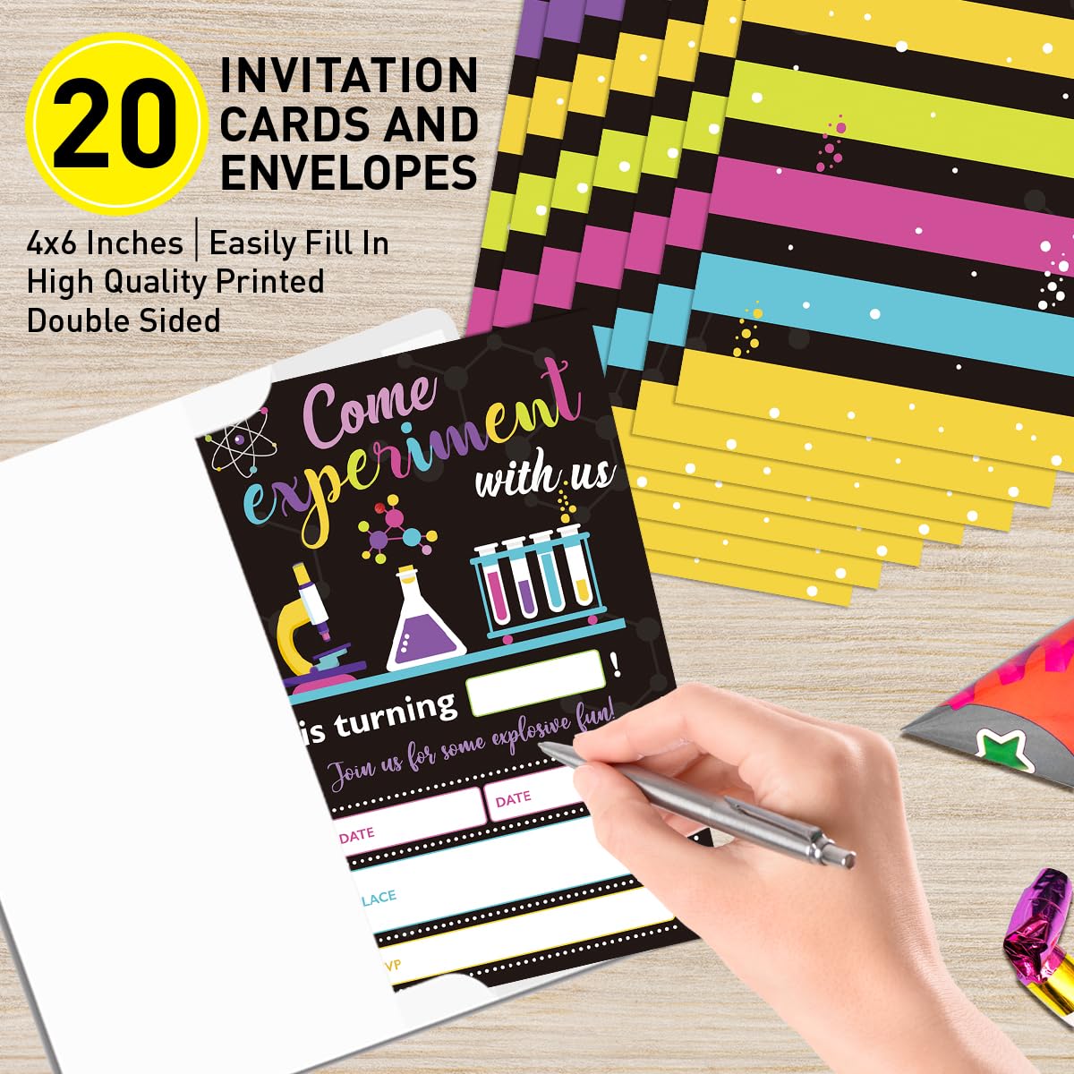 UDNADKEX Science Birthday Invitations Girl with Envelopes, Invites for Girls Birthday Party Science, Mad Science Birthday Party Invitations Cards, 4"x6" Set of 20, Some Explosive Fun