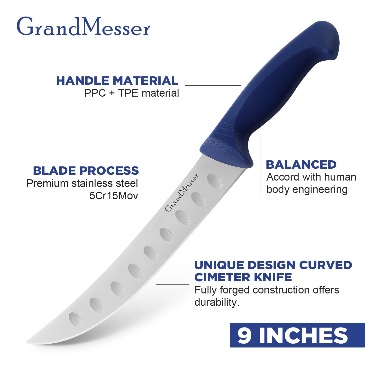 GrandMesser Butcher Knife for Meat Cutting, Curved Cimeter Knife 9 Inch Comfortable Handle, German High Carbon Stainless Steel Blade, Kitchen Knife for Home and Restaurant.