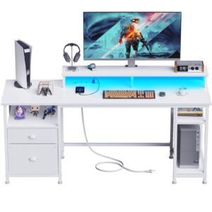 furologee 61" desk with led light & power outlets, reversible computer desk with file cabinet & drawer, white gaming desk writing table with dual monitor stand, for home/office/white