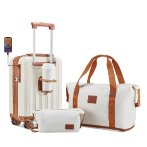 imiomo carry on luggage 18 inch suitcases with wheels, expandable carry on suitcase with usb port and cup holder, hardside travel luggage set with tsa lock, white brown