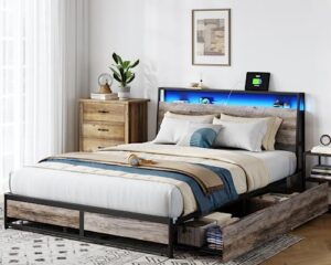 linsy queen bed frame with ergonomic headboard & 4 drawers, fast assembly bed frame with led lights & fast charger, bed frame queen size with storage, noise free, no box spring needed, greige