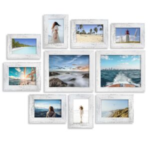 irahmen picture frames 10 pack, gallery wall collage frame with two 8x10, four 5x7, four 4x6, photo frame set for hanging or tabletop display, real glass, distressed white