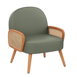 Aklaus Mid Century Modern Accent Chair Armchair with Rattan Arms Upholstered Rattan Boho Accent Chair for Living Room Bedroom Balcony Faux Leather Reading Chairs Side Club Chair Green