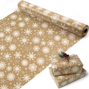 christmas wrapping paper roll, brown kraft gift wrapping paper jumbo roll, snowflake christmas wrapping paper with paper rope, christmas wrapping paper roll for girls boys women men, 17x590 inch.