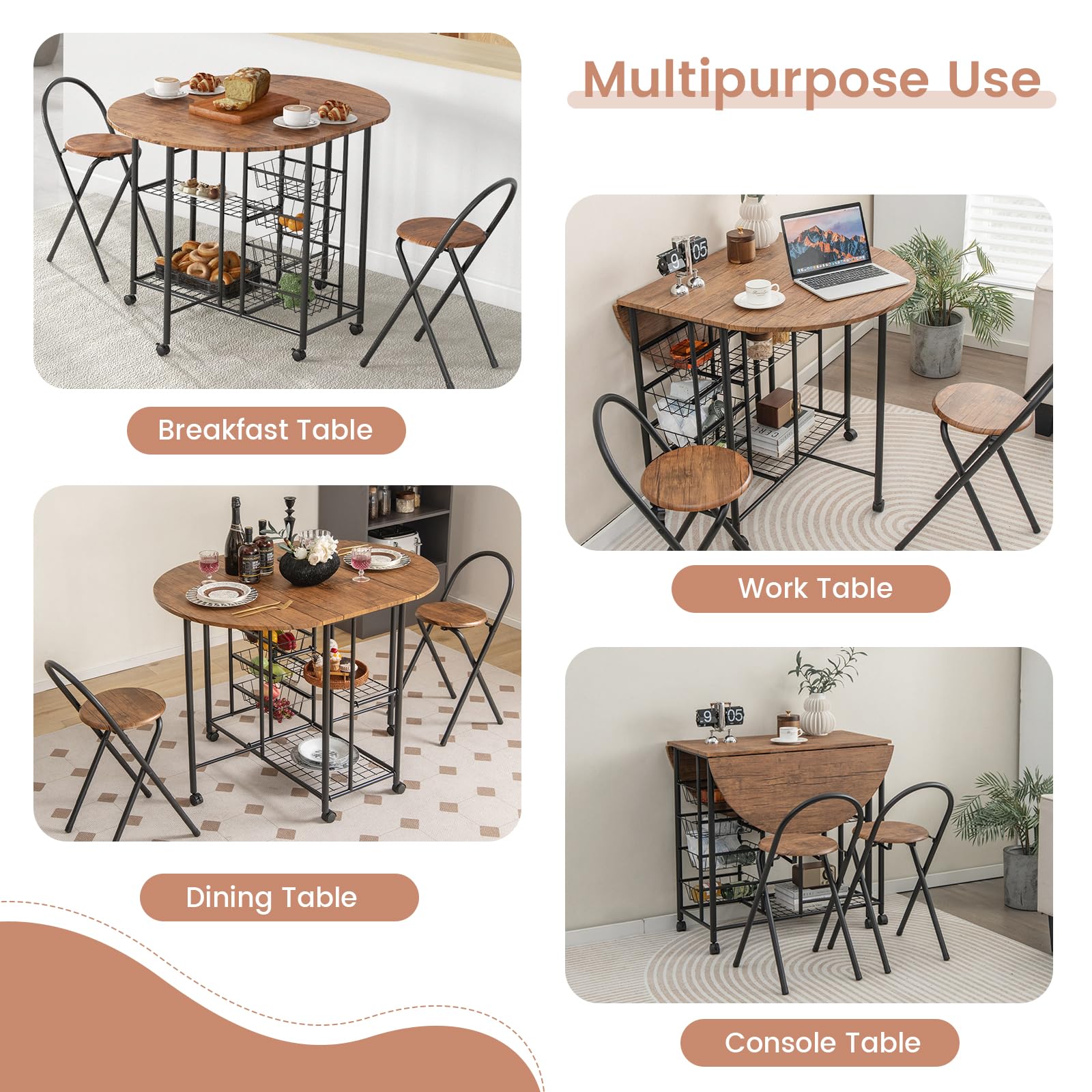 Giantex 3PCS Counter Height Table Set, Drop Leaf Dining Table & 2 Foldable Stools, Folding Table with Storage & 6 Wheels, Industrial Space Saving Bar Set for Kitchen Dining Room