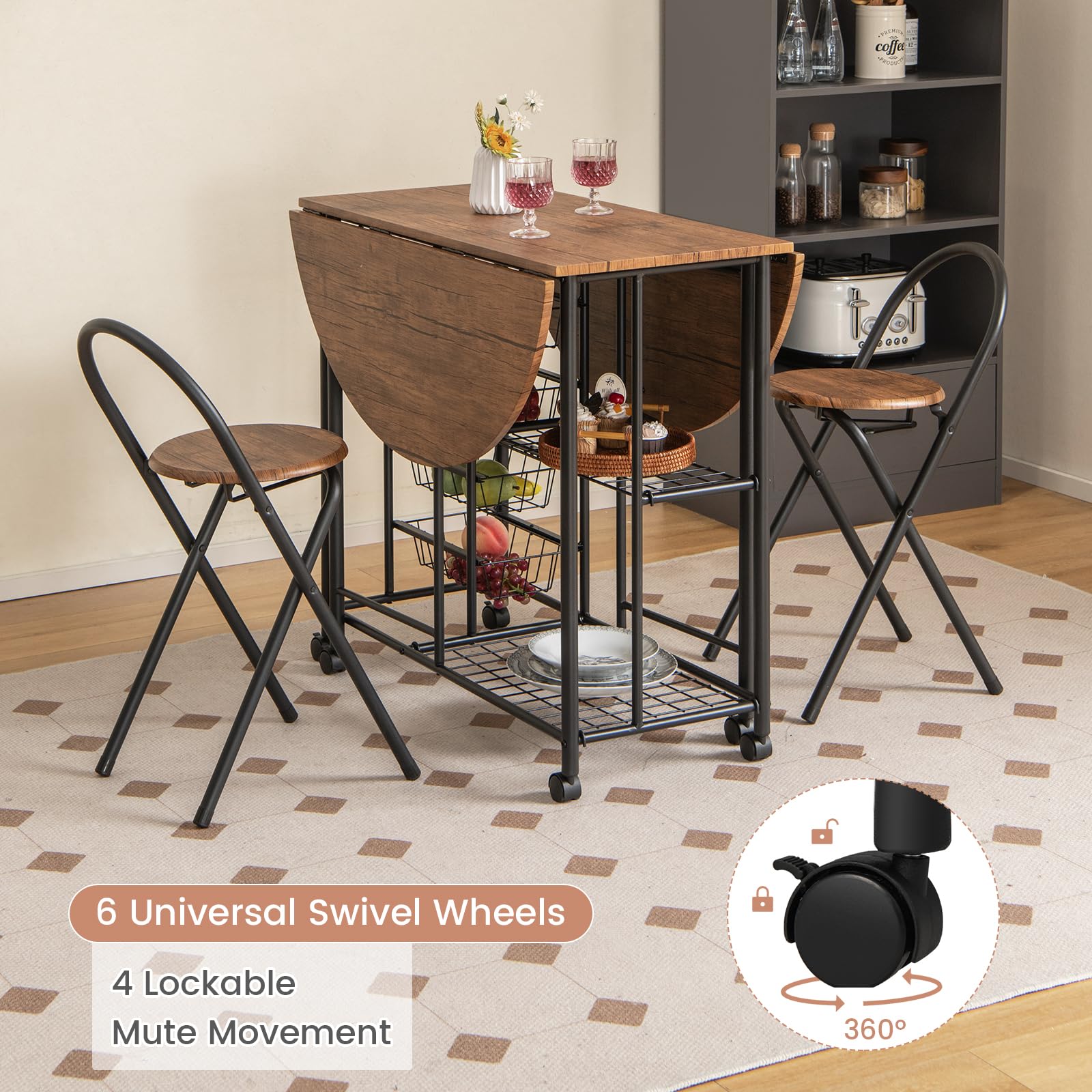 Giantex 3PCS Counter Height Table Set, Drop Leaf Dining Table & 2 Foldable Stools, Folding Table with Storage & 6 Wheels, Industrial Space Saving Bar Set for Kitchen Dining Room