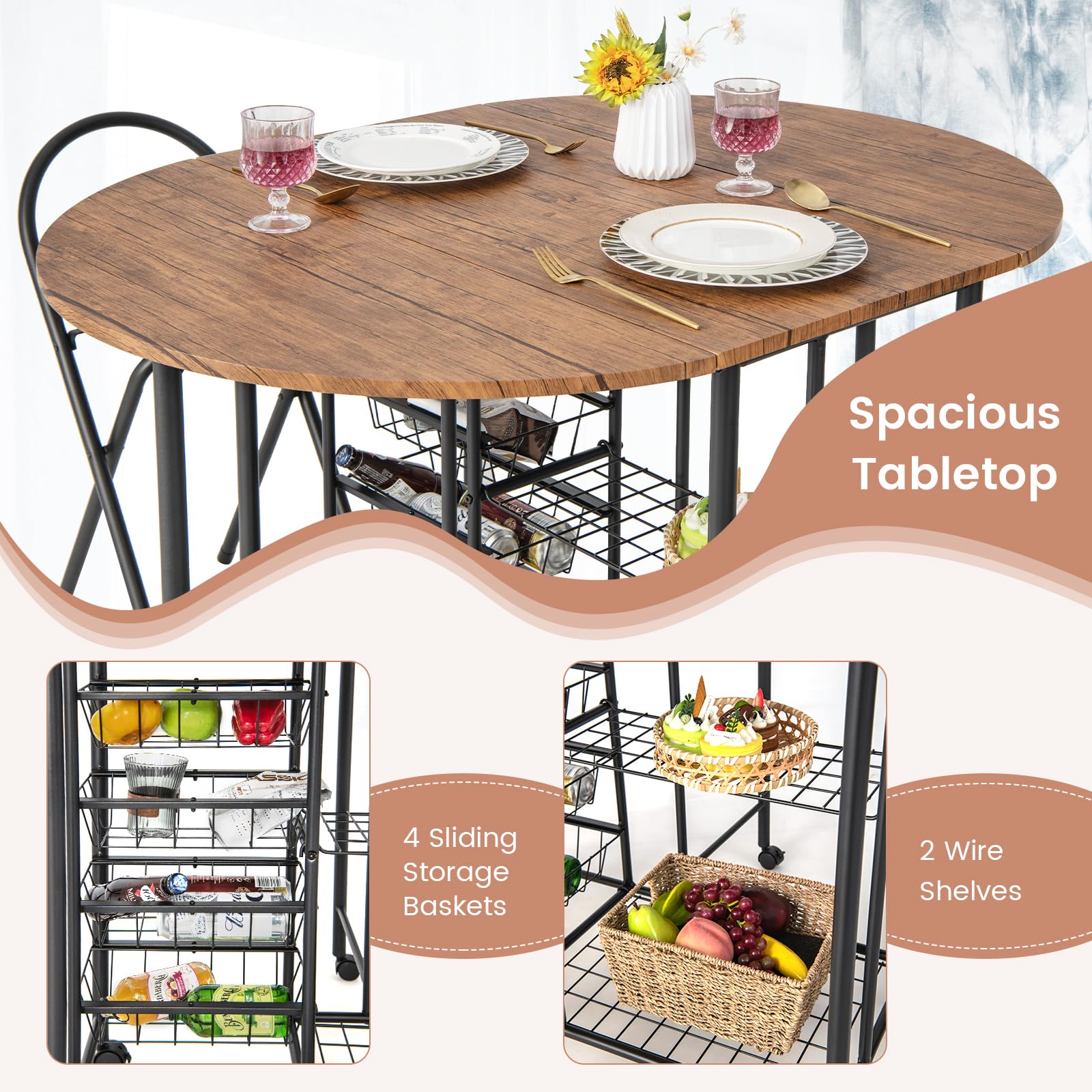 Giantex 3PCS Counter Height Table Set, Drop Leaf Dining Table & 2 Foldable Stools, Folding Table with Storage & 6 Wheels, Industrial Space Saving Bar Set for Kitchen Dining Room