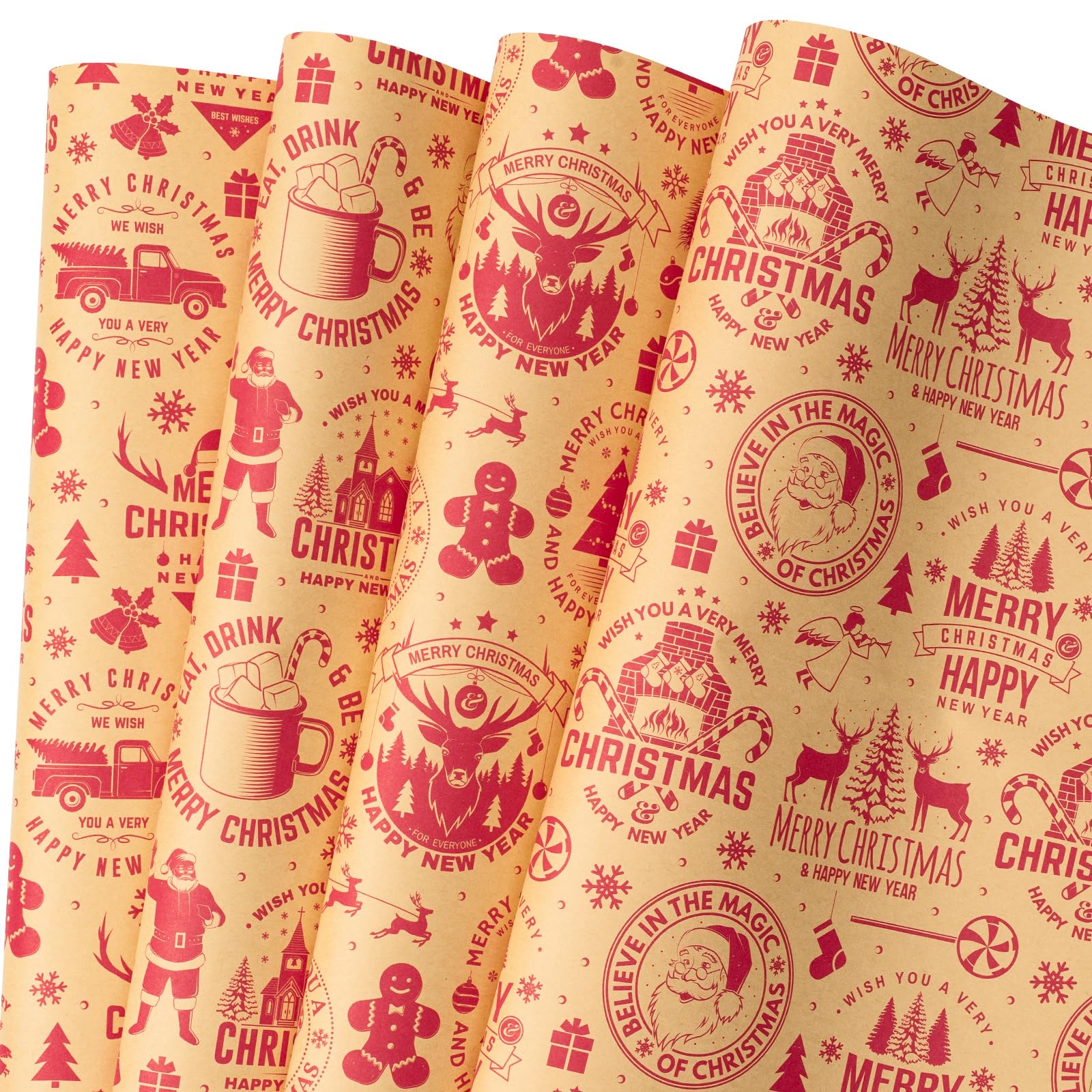 RUSPEPA Kraft Wrapping Paper Sheets - Christmas Red Elements Design - 12 Folded Sheets-19.68 X 27.5 Inch