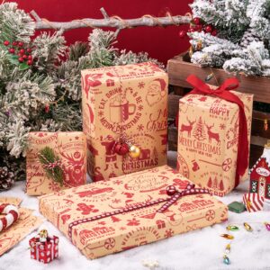 RUSPEPA Kraft Wrapping Paper Sheets - Christmas Red Elements Design - 12 Folded Sheets-19.68 X 27.5 Inch