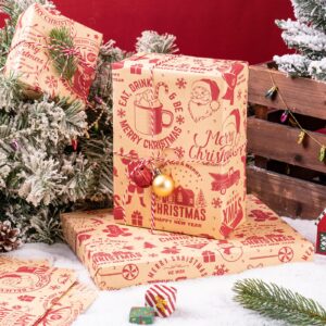 RUSPEPA Kraft Wrapping Paper Sheets - Christmas Red Elements Design - 12 Folded Sheets-19.68 X 27.5 Inch