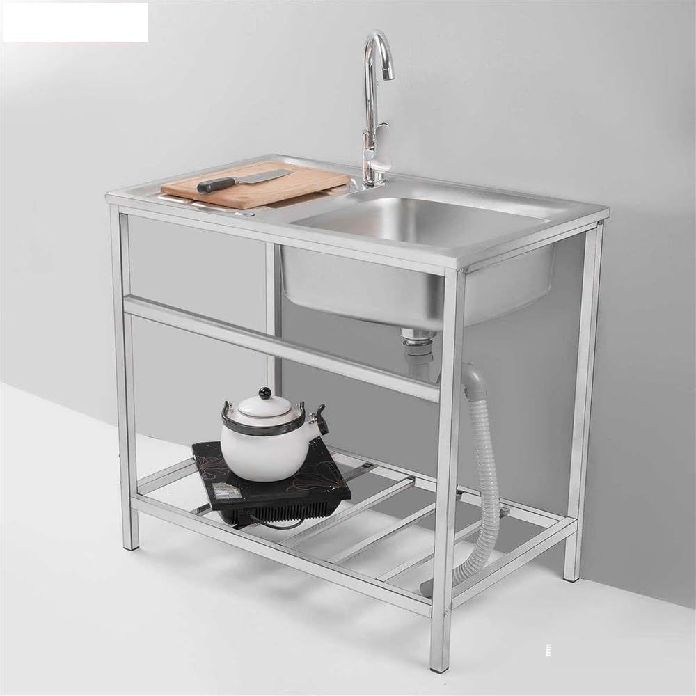 Free Standing Stainless Steel Sink,Commercial Restaurant Kitchen Sink Set,with Workbench Storage Shelves and Water Faucet,for Indoor Outdoor Laundry Garage