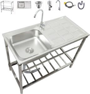 free standing stainless steel sink,commercial restaurant kitchen sink set,with workbench storage shelves and water faucet,for indoor outdoor laundry garage