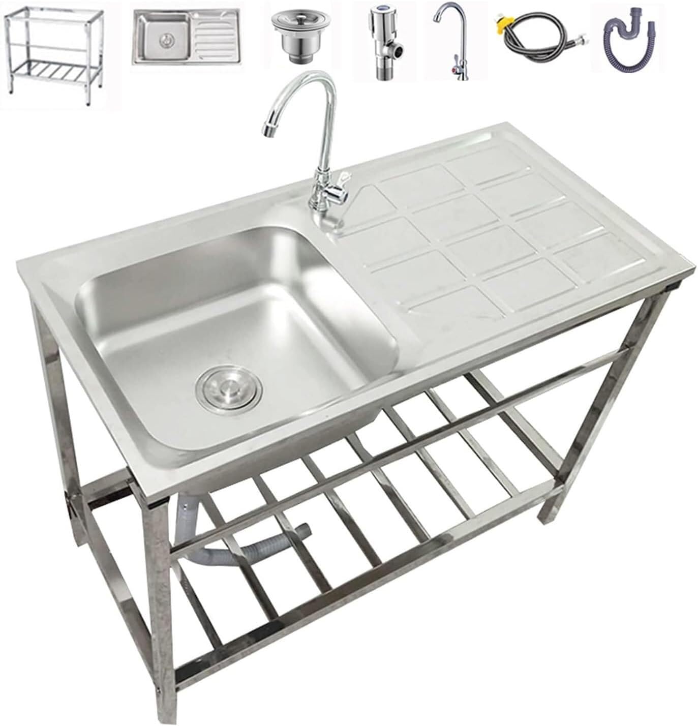 Free Standing Stainless Steel Sink,Commercial Restaurant Kitchen Sink Set,with Workbench Storage Shelves and Water Faucet,for Indoor Outdoor Laundry Garage