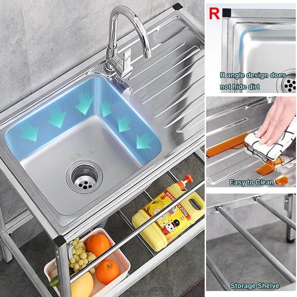 Free Standing Stainless Steel Sink,Commercial Restaurant Kitchen Sink Set,with Workbench Storage Shelves and Water Faucet,for Indoor Outdoor Laundry Garage