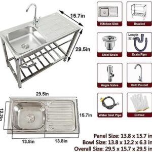 Free Standing Stainless Steel Sink,Commercial Restaurant Kitchen Sink Set,with Workbench Storage Shelves and Water Faucet,for Indoor Outdoor Laundry Garage