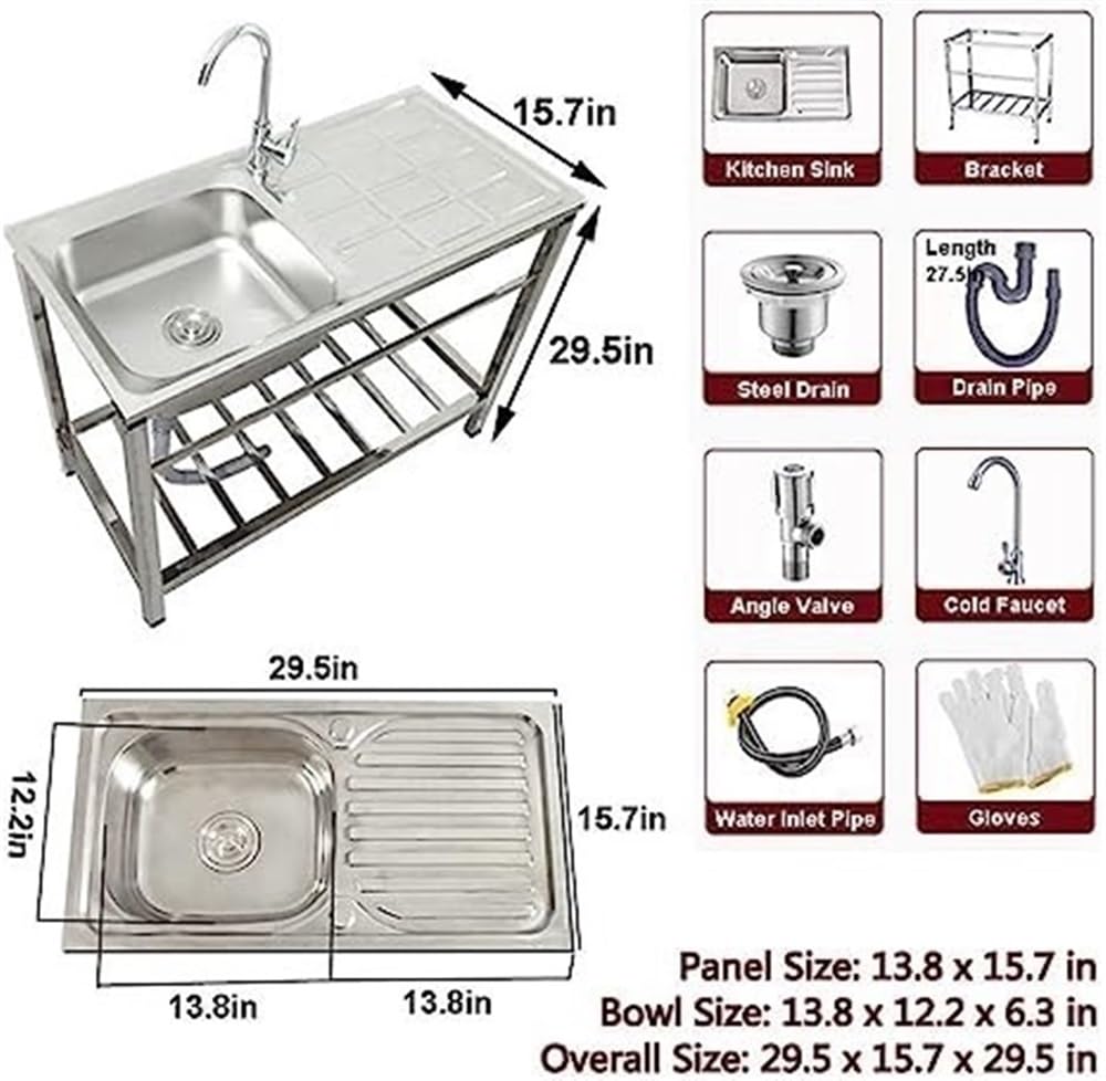 Free Standing Stainless Steel Sink,Commercial Restaurant Kitchen Sink Set,with Workbench Storage Shelves and Water Faucet,for Indoor Outdoor Laundry Garage